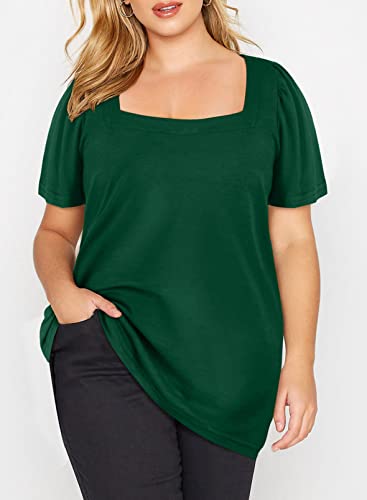 Eytino Womens Plus Size Tshirts Summer Square Neck Puff Sleeve Loose Casual Blouse Tops,2X Green