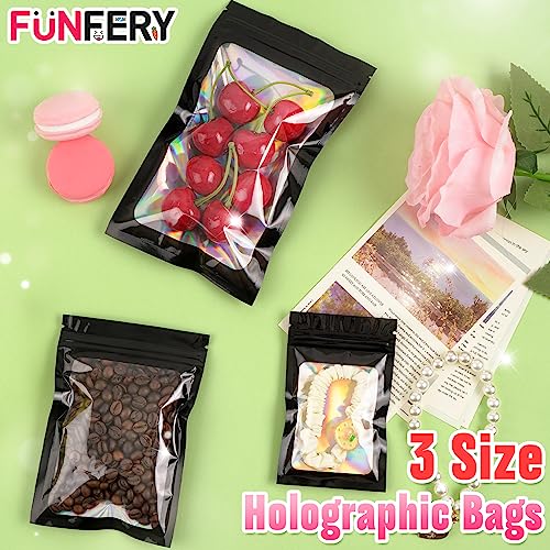 Funfery 300 Pack 3 Size Mylar Holographic Bags with Clear Window,Resealable Bags Smell Proof Bags Zipper Foil Bags Packaging Pouch for Food Storage,Sample,Small Business(Black,3x4.7,4x6,4.7x7.9in)