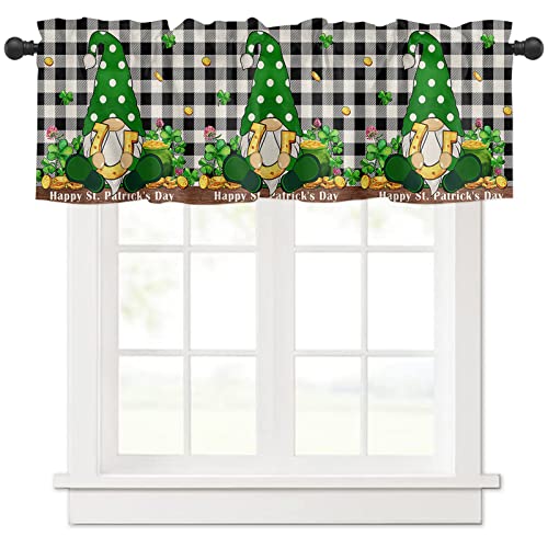 Valances for Windows St. Patrick's Day Clover Gold Coin Gnomes Black White Buffalo Plaid Kitchen Valances for Windows Rod Pocket Window Valance Curtains,Semi Sheer Valance for Kitchen 54" x18"