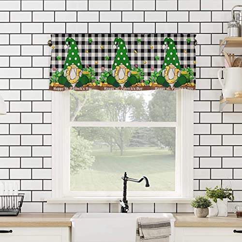 Valances for Windows St. Patrick's Day Clover Gold Coin Gnomes Black White Buffalo Plaid Kitchen Valances for Windows Rod Pocket Window Valance Curtains,Semi Sheer Valance for Kitchen 54" x18"