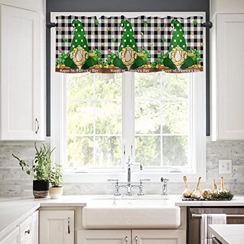 Valances for Windows St. Patrick's Day Clover Gold Coin Gnomes Black White Buffalo Plaid Kitchen Valances for Windows Rod Pocket Window Valance Curtains,Semi Sheer Valance for Kitchen 54" x18"