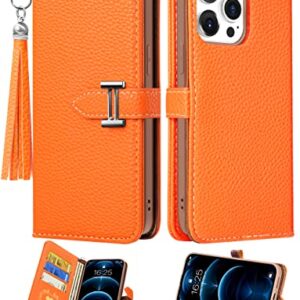 Funermei for iPhone 13 Pro Max Case Wallet for Women Leather Folio Designer Luxury Phone Cases with Credit Card Holder Stand Flip Cute Orange Cover Elegant Pretty with Tassel for Apple 13 Promax 6.7"