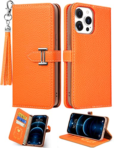 Funermei for iPhone 13 Pro Max Case Wallet for Women Leather Folio Designer Luxury Phone Cases with Credit Card Holder Stand Flip Cute Orange Cover Elegant Pretty with Tassel for Apple 13 Promax 6.7"