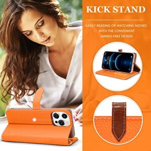 Funermei for iPhone 13 Pro Max Case Wallet for Women Leather Folio Designer Luxury Phone Cases with Credit Card Holder Stand Flip Cute Orange Cover Elegant Pretty with Tassel for Apple 13 Promax 6.7"