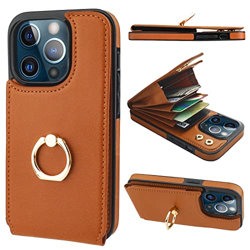 Folosu Compatible with iPhone 13 Pro Case Wallet with Card Holder, 360°Rotation Finger Ring Holder Kickstand Protective RFID Blocking PU Leather Double Buttons Flip Shockproof Cover 6.1 Inch Brown