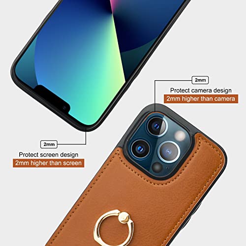 Folosu Compatible with iPhone 13 Pro Case Wallet with Card Holder, 360°Rotation Finger Ring Holder Kickstand Protective RFID Blocking PU Leather Double Buttons Flip Shockproof Cover 6.1 Inch Brown