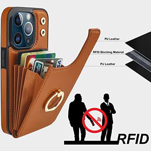 Folosu Compatible with iPhone 13 Pro Case Wallet with Card Holder, 360°Rotation Finger Ring Holder Kickstand Protective RFID Blocking PU Leather Double Buttons Flip Shockproof Cover 6.1 Inch Brown