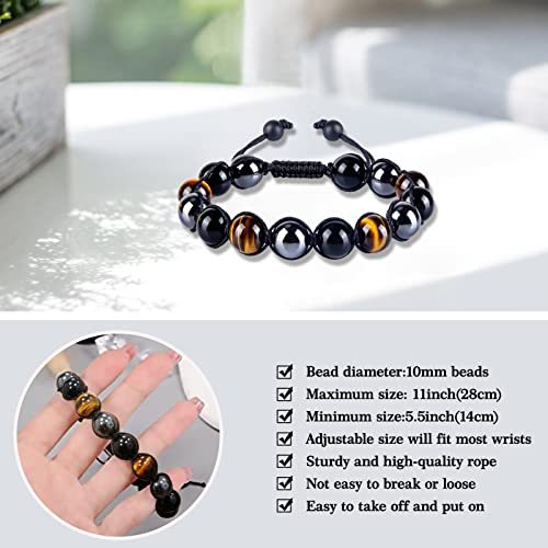 TAGOMEI Triple Protection Bracelet Gifts for Mens Bracelet, Tiger Eye Bracelet Men Black Obsidian Hematite 10mm Handmade Beaded Bracelets for Men Women, Natural Crystal Jewelry Stone Bracelets Gifts