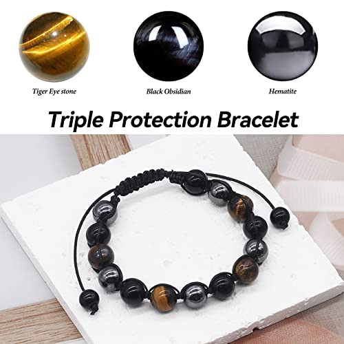 TAGOMEI Triple Protection Bracelet Gifts for Mens Bracelet, Tiger Eye Bracelet Men Black Obsidian Hematite 10mm Handmade Beaded Bracelets for Men Women, Natural Crystal Jewelry Stone Bracelets Gifts