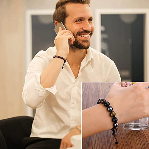 TAGOMEI Triple Protection Bracelet Gifts for Mens Bracelet, Tiger Eye Bracelet Men Black Obsidian Hematite 10mm Handmade Beaded Bracelets for Men Women, Natural Crystal Jewelry Stone Bracelets Gifts