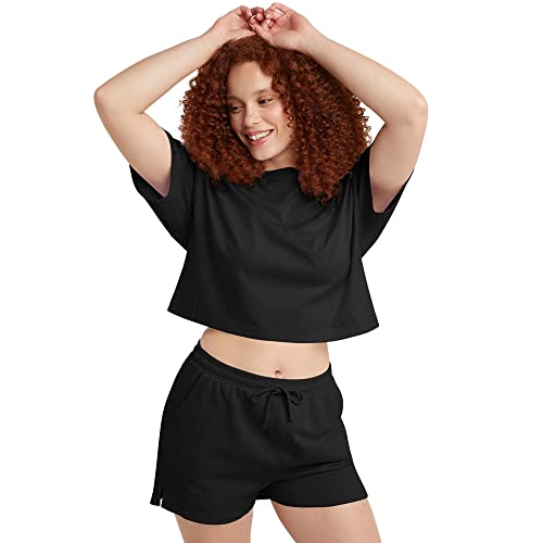 Hanes Originals Short-Sleeve Cropped T-Shirt, 100% Cotton Tees for Women, Boxy Fit, Black