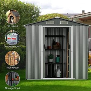 Goplus 6' x 4' Outdoor Storage Shed, Weather-Resistant Galvanized Metal Tool House w/ 4 Air Vents, Lockable Sliding Doors, Ramp, Gloves, Utility Tool Organizer for Garden, Farm, Yard