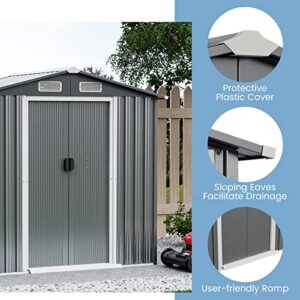 Goplus 6' x 4' Outdoor Storage Shed, Weather-Resistant Galvanized Metal Tool House w/ 4 Air Vents, Lockable Sliding Doors, Ramp, Gloves, Utility Tool Organizer for Garden, Farm, Yard