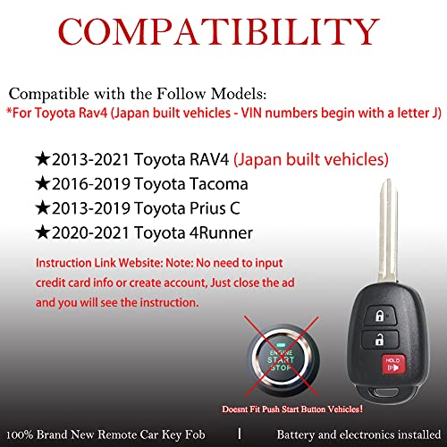 Key Fob Remote Replacement Fits for Toyota 2013 2014 2015 2016 2017 2018 2019 2020 2021 RAV4/2016-2019 Tacoma/ 2013-2019 Prius C Keyless Entry Remote Control HYQ12BDM HYQ12BEL H CHIP 89070-42820/42D30