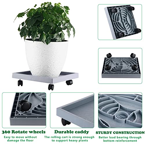 4 Packs 14 inch Square Plant Caddy with Wheels Rolling Plant Stand Potted Plant Mover Heavy Duty Plant Dolly with Casters for Indoor and Outdoor Large Plant Roller Base Rolling Cart, Grey