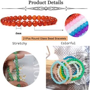 FIRAZIO 21Pcs 6mm Beaded Bracelets Handmade Stretch Glass Bracelet for Women Multicolor Crystal Beads Bracelet Elastic Round Bead Bracelets Jewelry