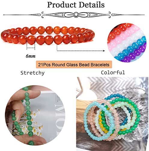 FIRAZIO 21Pcs 6mm Beaded Bracelets Handmade Stretch Glass Bracelet for Women Multicolor Crystal Beads Bracelet Elastic Round Bead Bracelets Jewelry