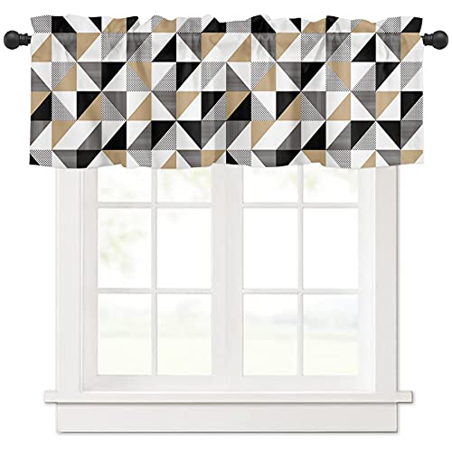 SIGOUYI Kitchen Valances for Windows, Simple Black and White Gold Triangle Pattern Kitchen Curtains, Kitchen Decor Short Curtains Rod Pocket Small Window Curtains, 54"x18" Bathroom Curtains Window