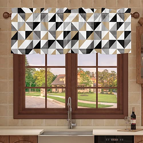 SIGOUYI Kitchen Valances for Windows, Simple Black and White Gold Triangle Pattern Kitchen Curtains, Kitchen Decor Short Curtains Rod Pocket Small Window Curtains, 54"x18" Bathroom Curtains Window