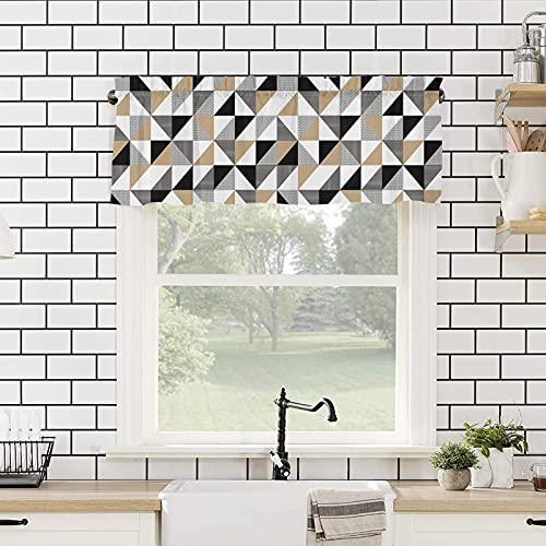 SIGOUYI Kitchen Valances for Windows, Simple Black and White Gold Triangle Pattern Kitchen Curtains, Kitchen Decor Short Curtains Rod Pocket Small Window Curtains, 54"x18" Bathroom Curtains Window