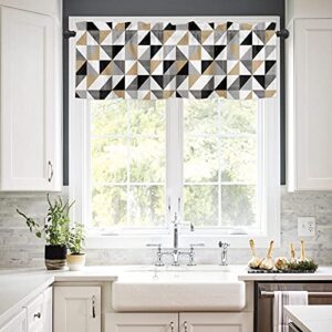 SIGOUYI Kitchen Valances for Windows, Simple Black and White Gold Triangle Pattern Kitchen Curtains, Kitchen Decor Short Curtains Rod Pocket Small Window Curtains, 54"x18" Bathroom Curtains Window