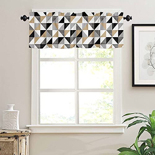 SIGOUYI Kitchen Valances for Windows, Simple Black and White Gold Triangle Pattern Kitchen Curtains, Kitchen Decor Short Curtains Rod Pocket Small Window Curtains, 54"x18" Bathroom Curtains Window