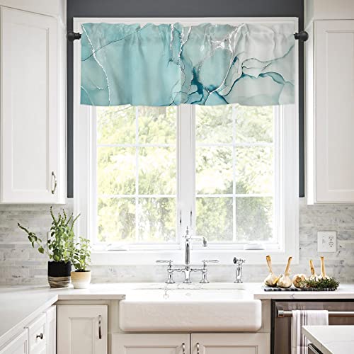 Kitchen Valances for Windows, Marble Texture Abstract Teal White Gold Glitter Splatter Kitchen Curtains, Kitchen Decor Short Curtains Rod Pocket Small Window Curtains, 54"x18" Bathroom Curtains Window