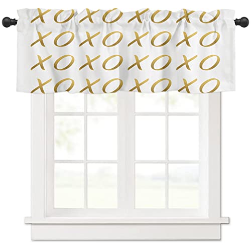 SIGOUYI Kitchen Valances for Windows, Gold XO Letter on White Kitchen Curtains, Kitchen Decor Short Curtains, Blackout Curtain Rods Pocket Small Window Curtains, 54"x18" Bathroom Curtains Window