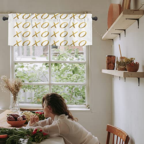 SIGOUYI Kitchen Valances for Windows, Gold XO Letter on White Kitchen Curtains, Kitchen Decor Short Curtains, Blackout Curtain Rods Pocket Small Window Curtains, 54"x18" Bathroom Curtains Window