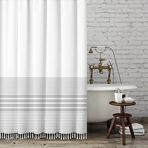 GiuMsi 72"X72" Gray and White Stripe Shower Curtain with Boho Tassel 12 Hooks for Bathroom Home Classic Farmhouse Modern Decorations Polyester Waterproof Fabric Curtains-Thickness Upgrades-170 g/m2