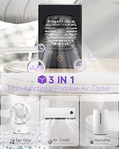 Portable Air Conditioners, 3-IN-1 Rechargeable Small Evaporative Air Cooler, 3 Speeds Cooler Fan, 4000mAh Battery Humidifier, Auto Oscillation, Light, Mini Air Conditioner Cooler for Room Bedroom