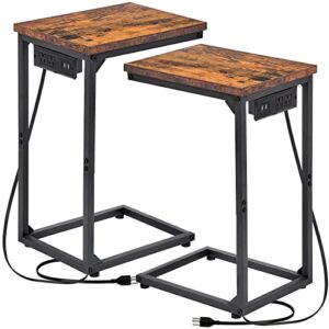 amhancible c shaped end table with charging station, side table set of 2, sofa table for small space, tv trays, metal frame, usb ports power outlets, rustic brown het02cpbr