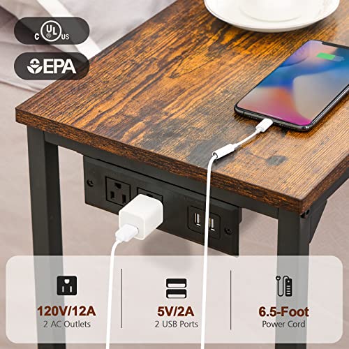 AMHANCIBLE C Shaped End Table with Charging Station, Side Table Set of 2, Sofa Table for Small Space, TV Trays, Metal Frame, USB Ports Power Outlets, Rustic Brown HET02CPBR