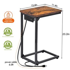 AMHANCIBLE C Shaped End Table with Charging Station, Side Table Set of 2, Sofa Table for Small Space, TV Trays, Metal Frame, USB Ports Power Outlets, Rustic Brown HET02CPBR