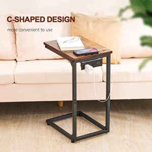 AMHANCIBLE C Shaped End Table with Charging Station, Side Table Set of 2, Sofa Table for Small Space, TV Trays, Metal Frame, USB Ports Power Outlets, Rustic Brown HET02CPBR