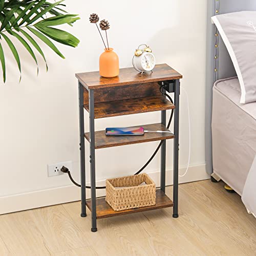 AMHANCIBLE Narrow Side Table with Charging Station, Slim End Table Set of 2, 4 Tier Sofa Table with Storage Shelf, for Small Spaces, USB Ports & Power Outlets, Metal Frame HETN04BR