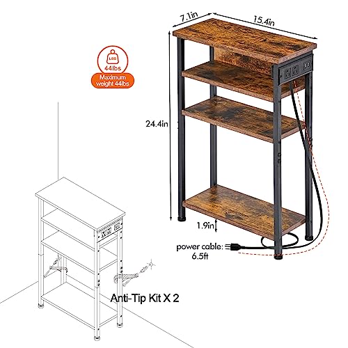 AMHANCIBLE Narrow Side Table with Charging Station, Slim End Table Set of 2, 4 Tier Sofa Table with Storage Shelf, for Small Spaces, USB Ports & Power Outlets, Metal Frame HETN04BR