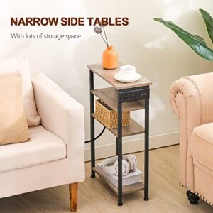 AMHANCIBLE Narrow Side Table with Charging Station, Slim End Table Set of 2, 4 Tier Sofa Table with Storage Shelf, for Small Spaces, USB Ports & Power Outlets, Metal Frame HETN04GY