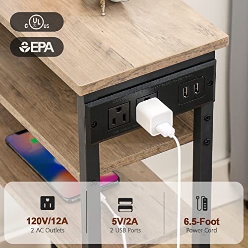 AMHANCIBLE Narrow Side Table with Charging Station, Slim End Table Set of 2, 4 Tier Sofa Table with Storage Shelf, for Small Spaces, USB Ports & Power Outlets, Metal Frame HETN04GY