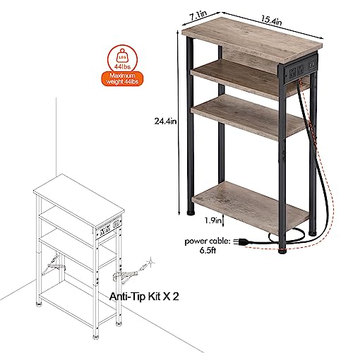 AMHANCIBLE Narrow Side Table with Charging Station, Slim End Table Set of 2, 4 Tier Sofa Table with Storage Shelf, for Small Spaces, USB Ports & Power Outlets, Metal Frame HETN04GY