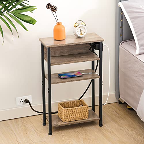 AMHANCIBLE Narrow Side Table with Charging Station, Slim End Table Set of 2, 4 Tier Sofa Table with Storage Shelf, for Small Spaces, USB Ports & Power Outlets, Metal Frame HETN04GY