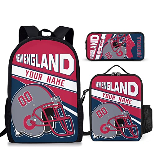 mdbozli New England Custom Football Backpack 3 Piece Set Add Your Name And Nume School Bag with Lunch Box and Pen Case Set Gift for Boys Girls