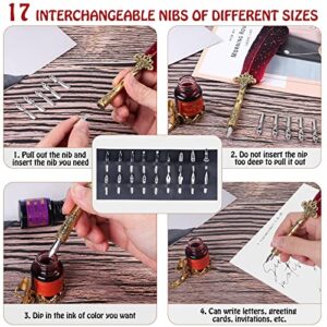 Lotkey Quill Pen and Ink Set, Calligraphy Pen Set for Beginners Including Feather Pen Glass Wooden Dipping Pen 6 Bottles Ink 17 Replaceable Nibs Pen Rack With Wax Seal Stamp Kit for Holiday Ideal Gift