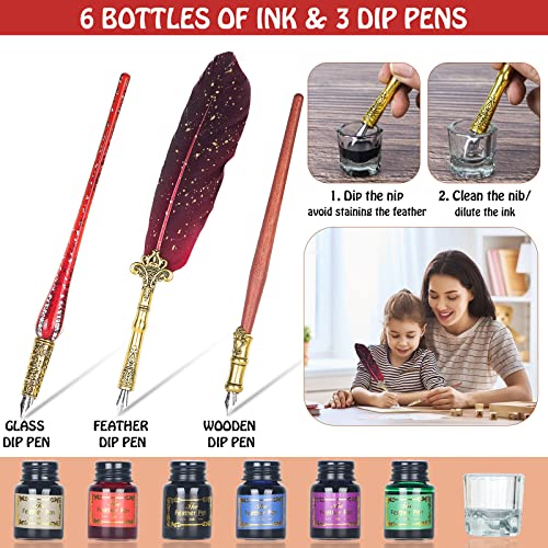 Lotkey Quill Pen and Ink Set, Calligraphy Pen Set for Beginners Including Feather Pen Glass Wooden Dipping Pen 6 Bottles Ink 17 Replaceable Nibs Pen Rack With Wax Seal Stamp Kit for Holiday Ideal Gift