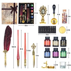 Lotkey Quill Pen and Ink Set, Calligraphy Pen Set for Beginners Including Feather Pen Glass Wooden Dipping Pen 6 Bottles Ink 17 Replaceable Nibs Pen Rack With Wax Seal Stamp Kit for Holiday Ideal Gift