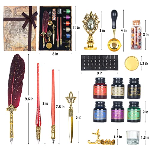 Lotkey Quill Pen and Ink Set, Calligraphy Pen Set for Beginners Including Feather Pen Glass Wooden Dipping Pen 6 Bottles Ink 17 Replaceable Nibs Pen Rack With Wax Seal Stamp Kit for Holiday Ideal Gift