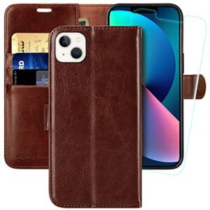 monasay iphone 13 mini wallet case, [glass screen protector included] [rfid blocking] flip folio leather cell phone cover with credit card holder for apple 13 mini, 5.4-inch brown