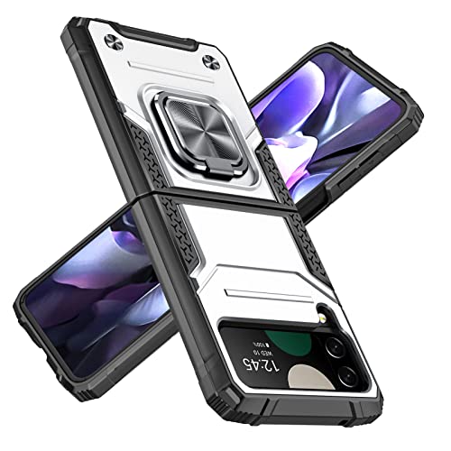 RLUYIDIKS for Samsung Galaxy Z Flip 3 Case,360°Rotate Ring Stand Magnetic Cover Case,Military Grade Protection Shockproof Phone Case,6.7inch for Samsung Galaxy Z Flip 3 5G,Silver RUS01-03 CP