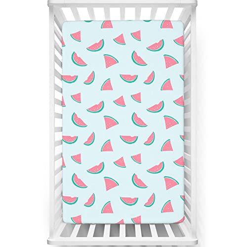 Watermelon Themed Fitted Mini Crib Sheets,Portable Mini Crib Sheets Toddler Bed Mattress Sheets-Baby Crib Sheets for Girl or Boy,24“ x38“,Pastel Pink Dark Seafoam Pale Blue