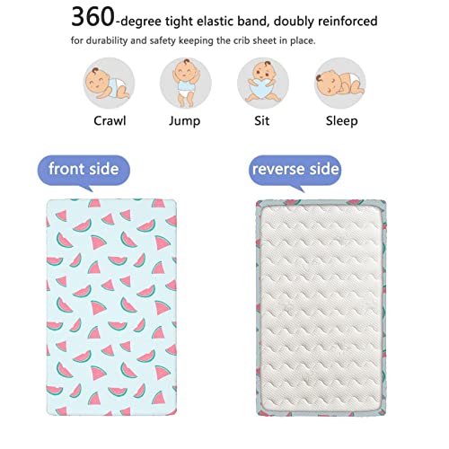 Watermelon Themed Fitted Mini Crib Sheets,Portable Mini Crib Sheets Toddler Bed Mattress Sheets-Baby Crib Sheets for Girl or Boy,24“ x38“,Pastel Pink Dark Seafoam Pale Blue